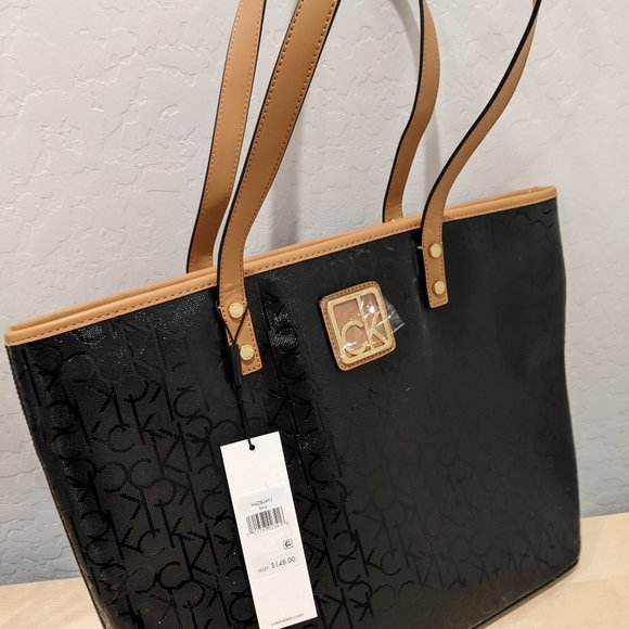 Bags | Nwt Calvin Klein Large Tote Purse Ck Logo Black With Tan And ...